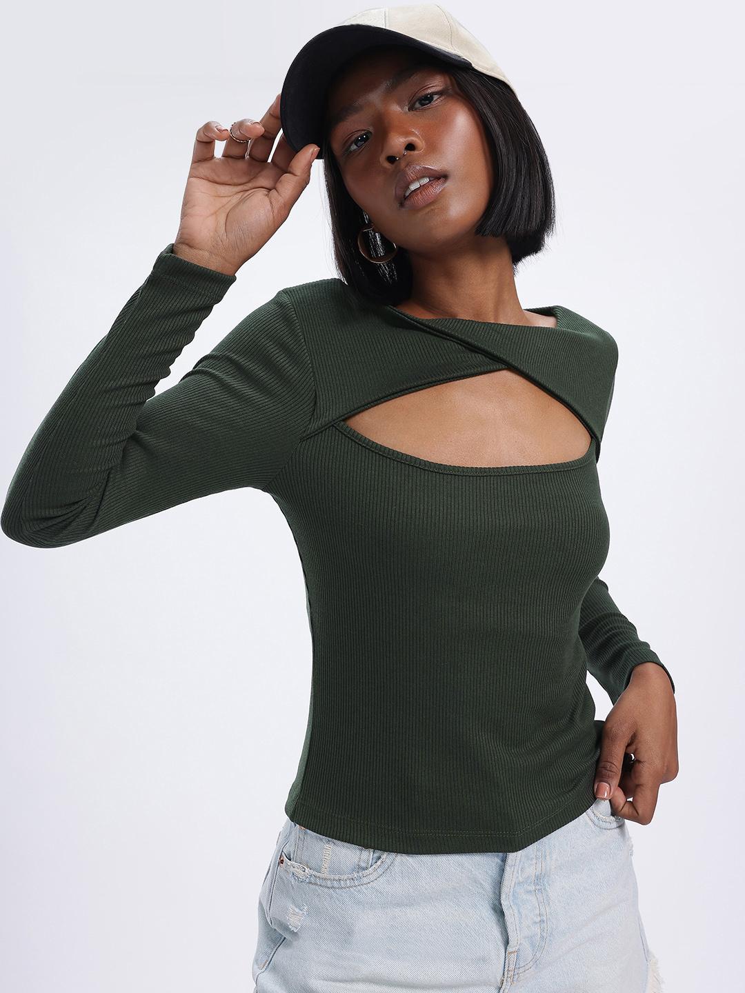 Buy Olive Twisted Cut Out Ribbed Fitted Top - Tops for Women 31430104 ...