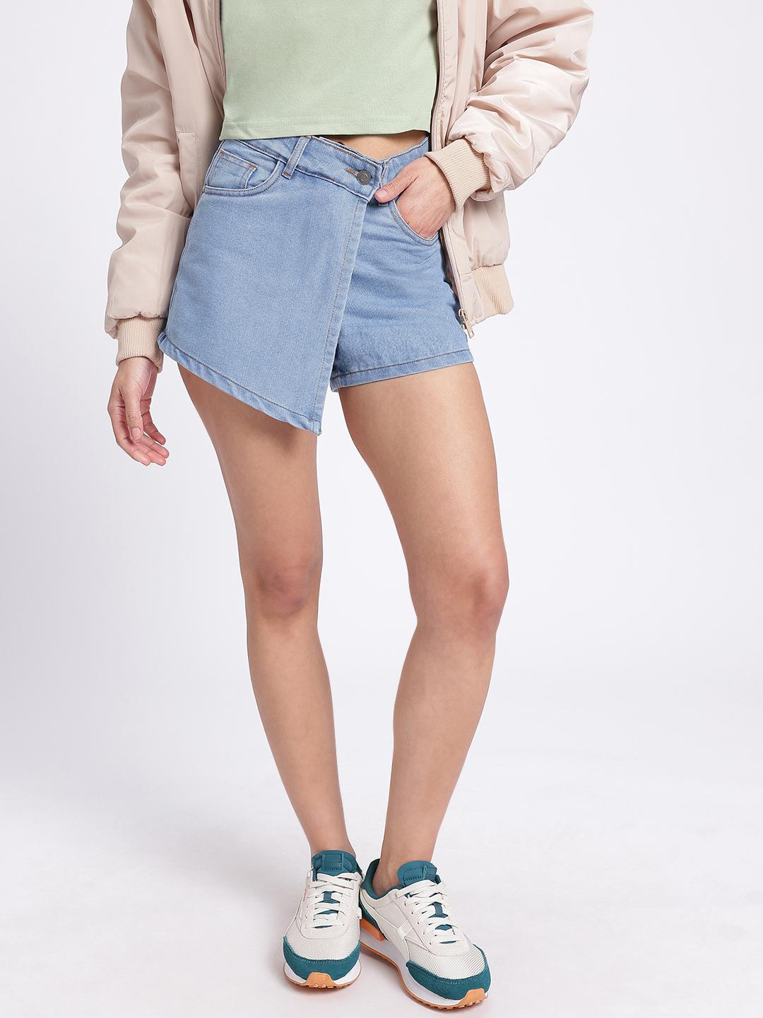 Buy Glitchez Women Solid Blue Wrap Mini Denim Skort - Skirts for Women ...
