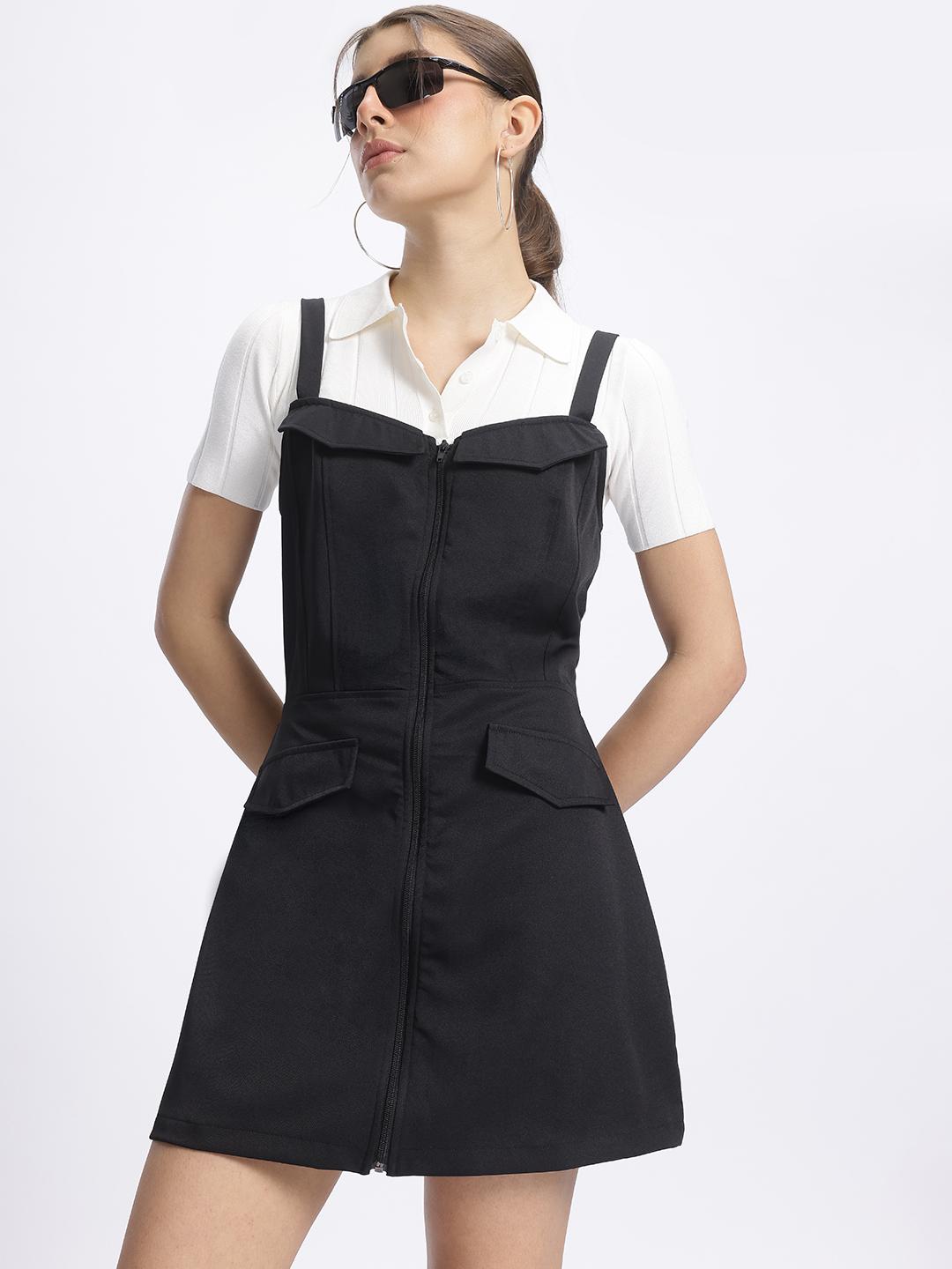 Buy Glitchez Shoulder Straps Front Open Mini Pinafore Dress - Dresses ...