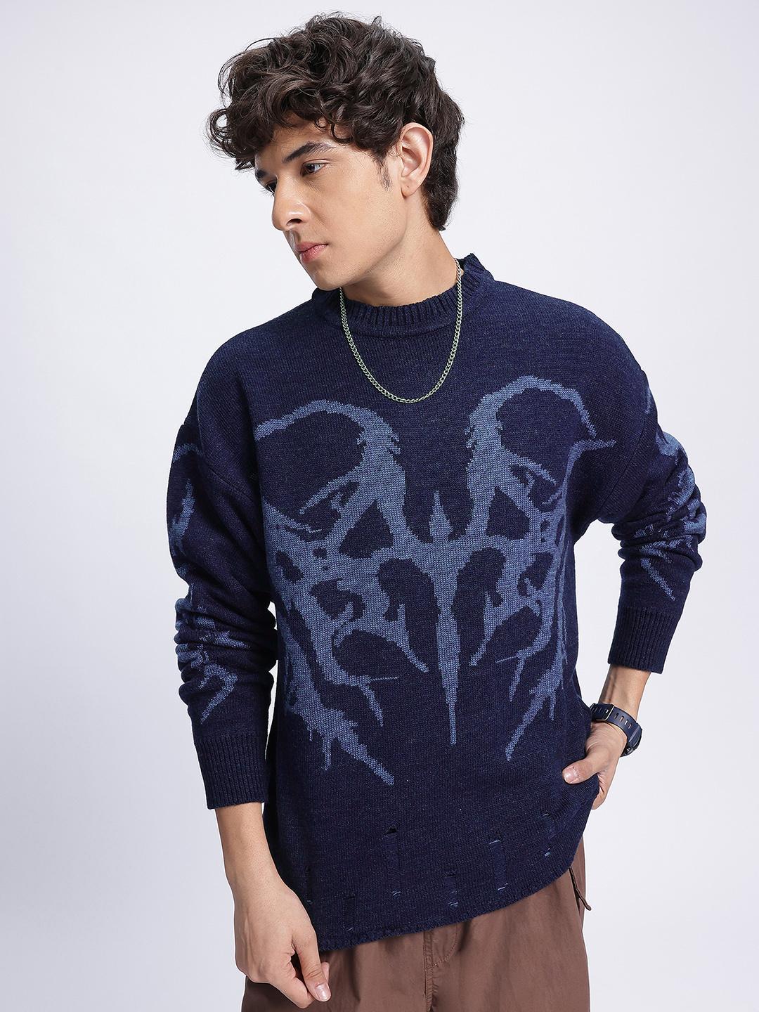 Buy Glitchez Ripped Self Design Drop Shoulder Pullover - Sweaters for ...