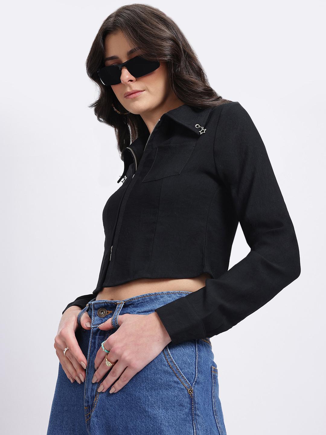 Buy Glitchez Double Zipped Collar Detailing Crop Shirt - Shirts for ...
