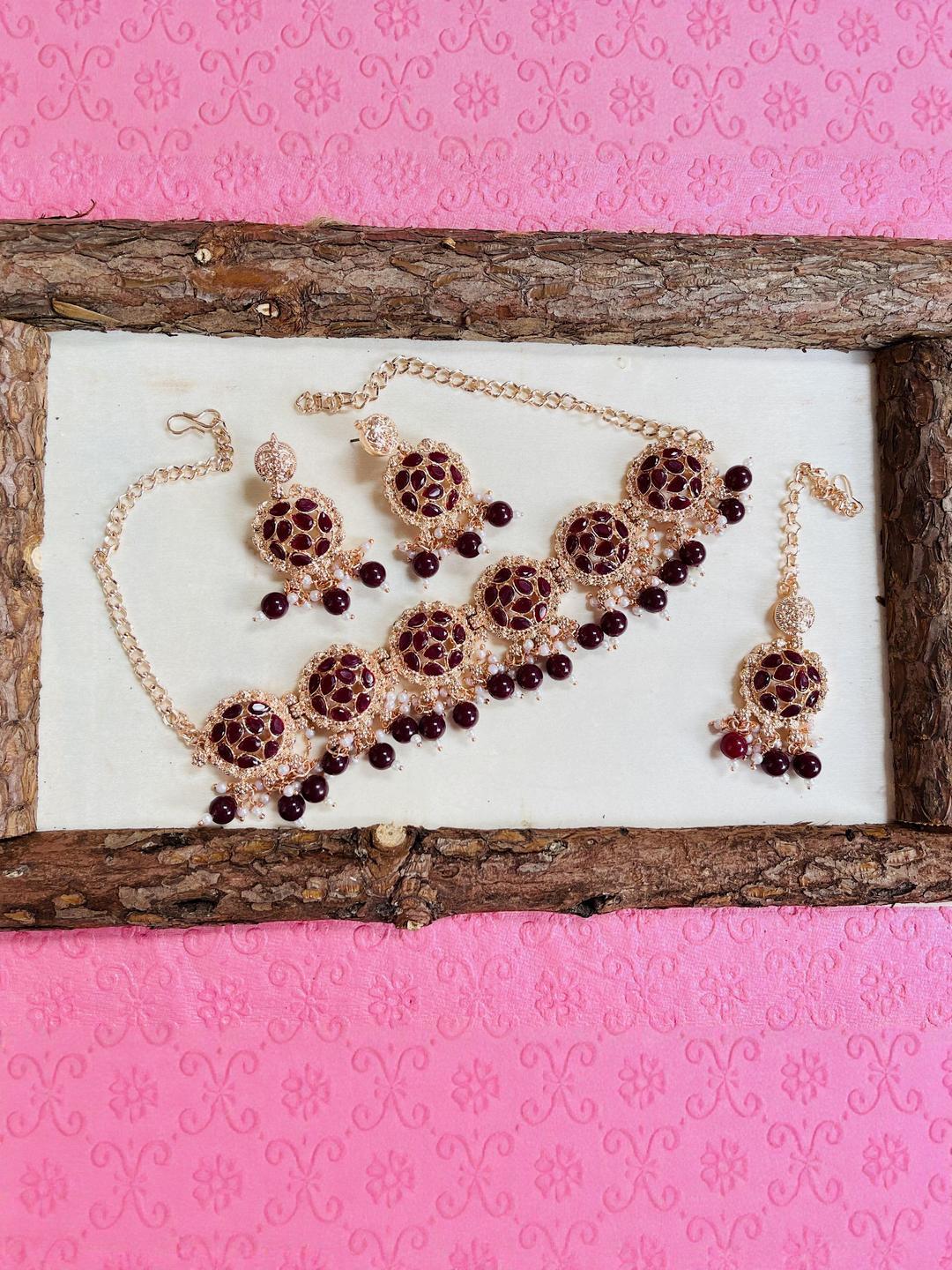 Buy VATSALYA Creation Alloy Gold Plated Maroon Jewellery Set ...