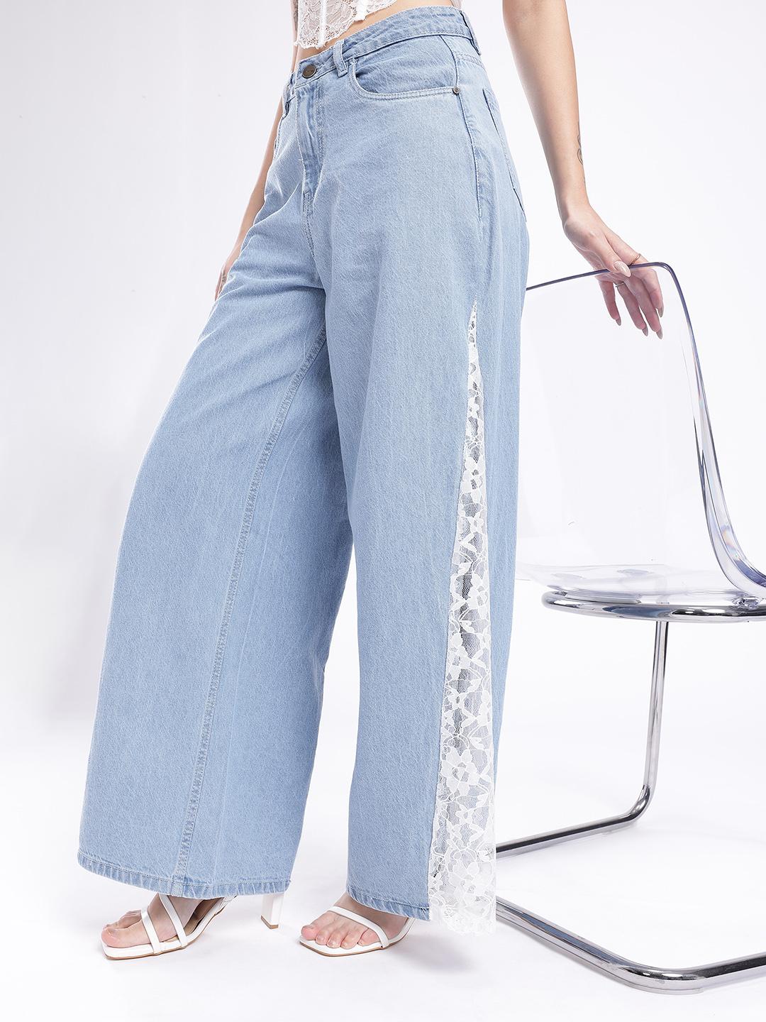 Buy Glitchez Women Lace Paneling High Rise Wide Leg Jeans - Jeans for ...