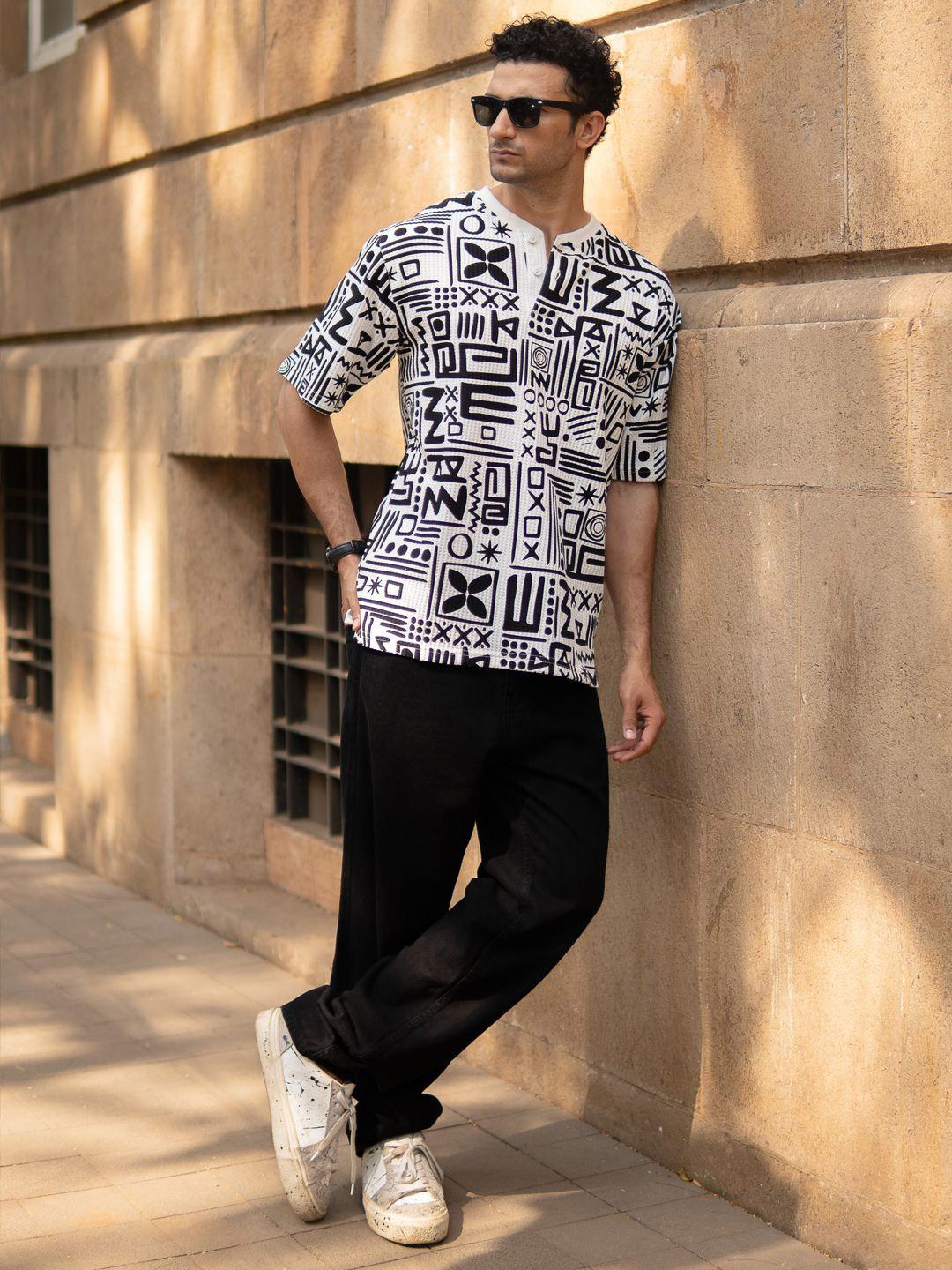 Buy Powerlook Men Graphic Printed Henley Neck Oversized Casual T Shirt ...