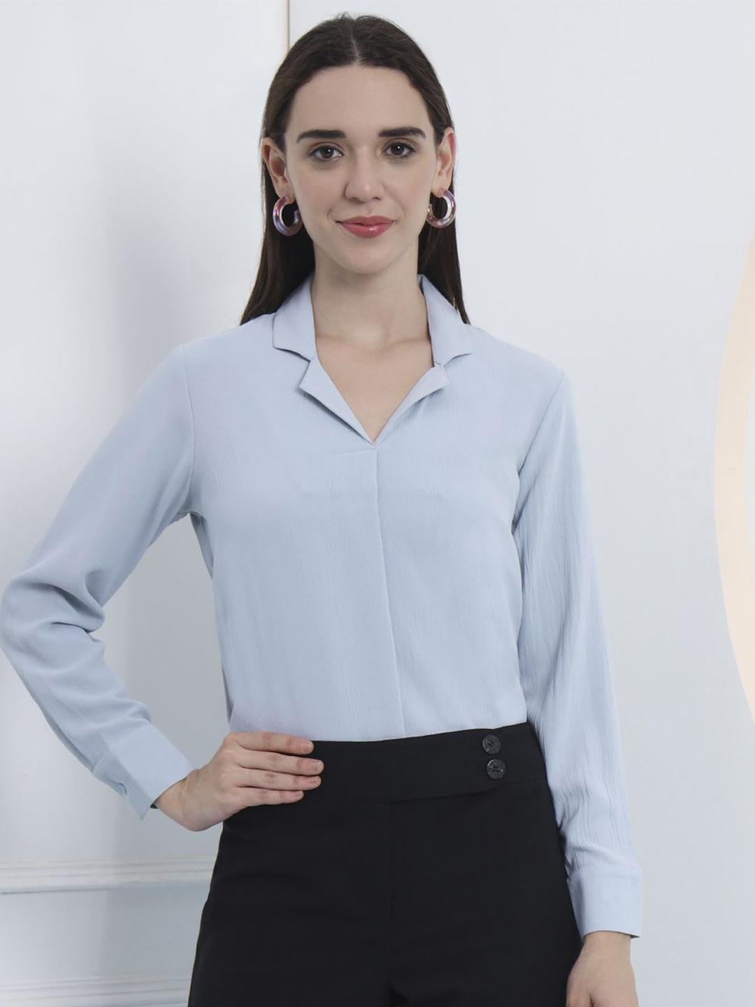 Buy FITHUB Women Cuban Collar Long Cuffed Sleeves Pleated Shirt Style ...