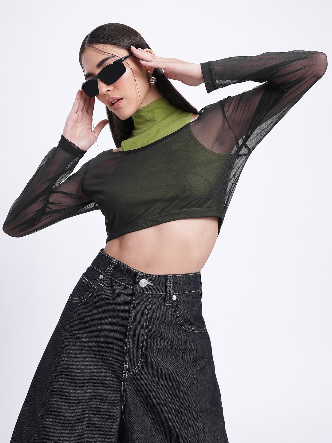 Buy Glitchez Sheer Net Sleeves Cropped Top - Tops for Women 31551830 ...
