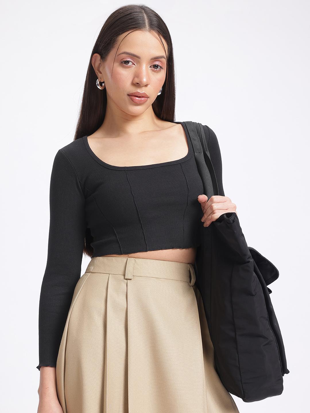 Buy Glitchez Ribbed Edge Upturn Stitch Crop Top Black - Tops for Women ...