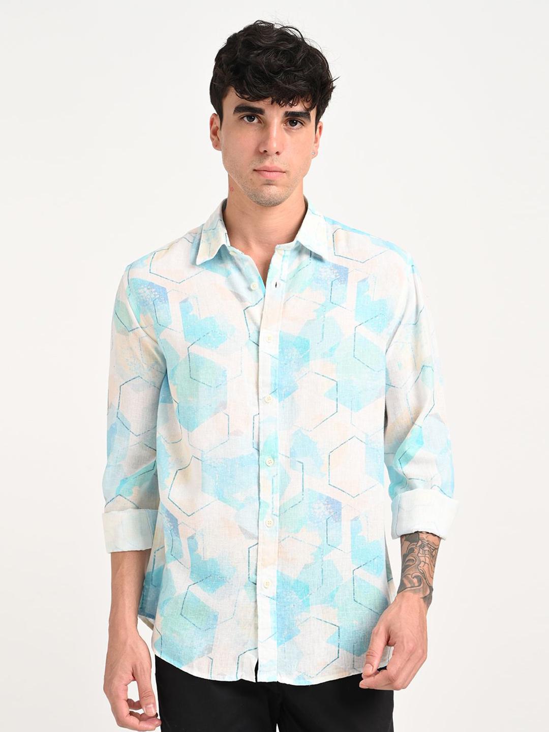 Buy Blu MNKY Abstract Printed Spread Collar Long Sleeves Smart Slim Fit ...