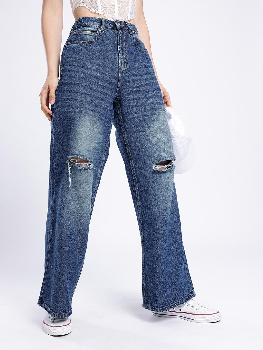 Buy Glitchez Women Wide Leg Slash Knee Heavy Fade Jeans - Jeans for ...