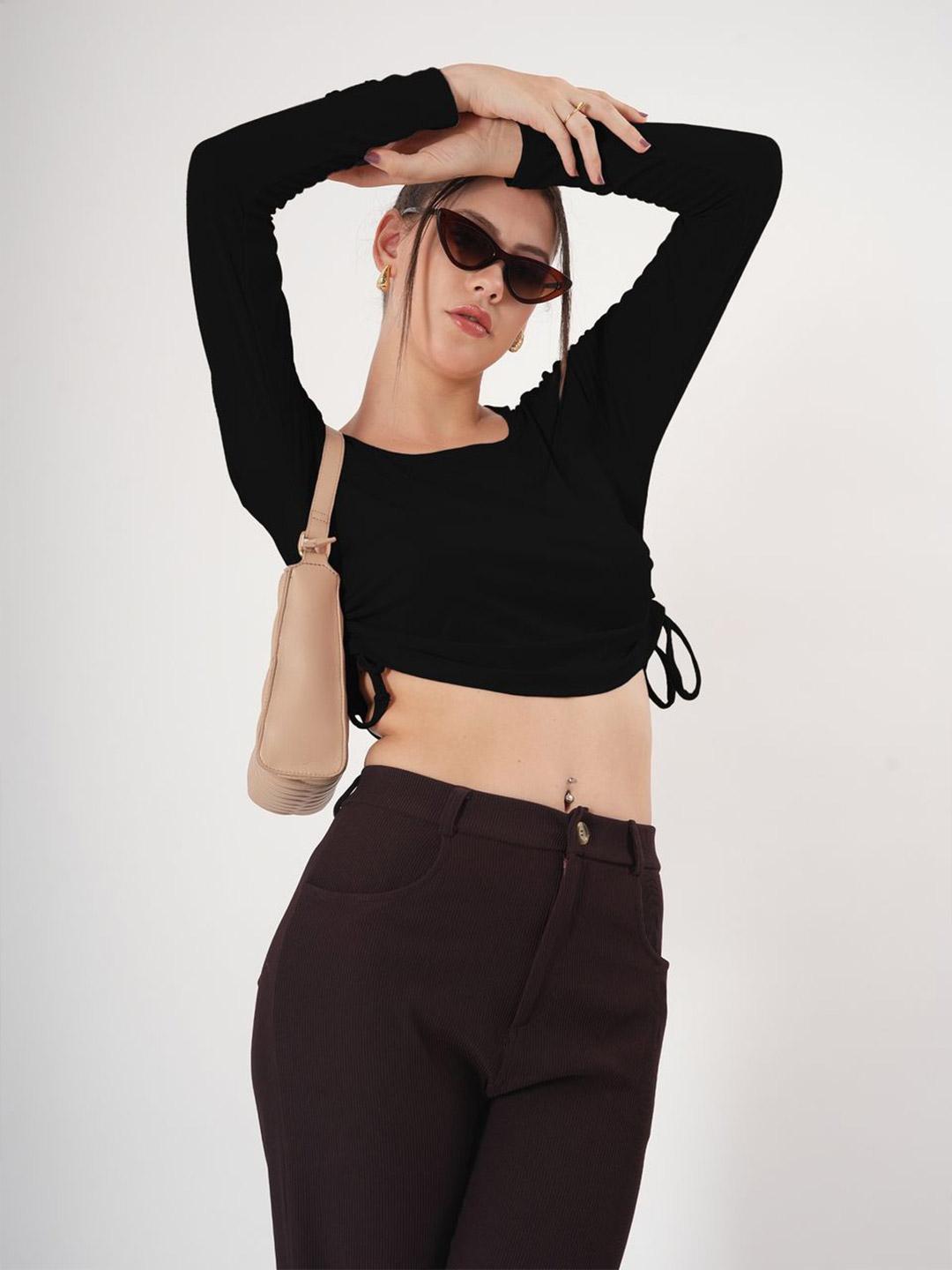 Buy Clobug Women Square Neck Full Sleeve Fitted Crop Top With ...