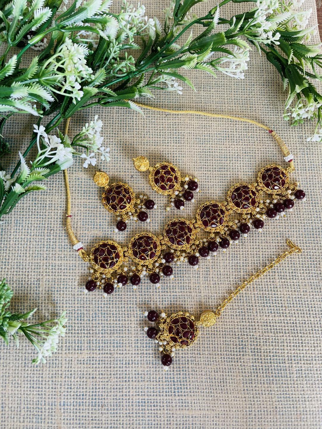 Buy VATSALYA Creation Alloy Gold Plated Maroon Jewellery Set Pack Of 3 ...