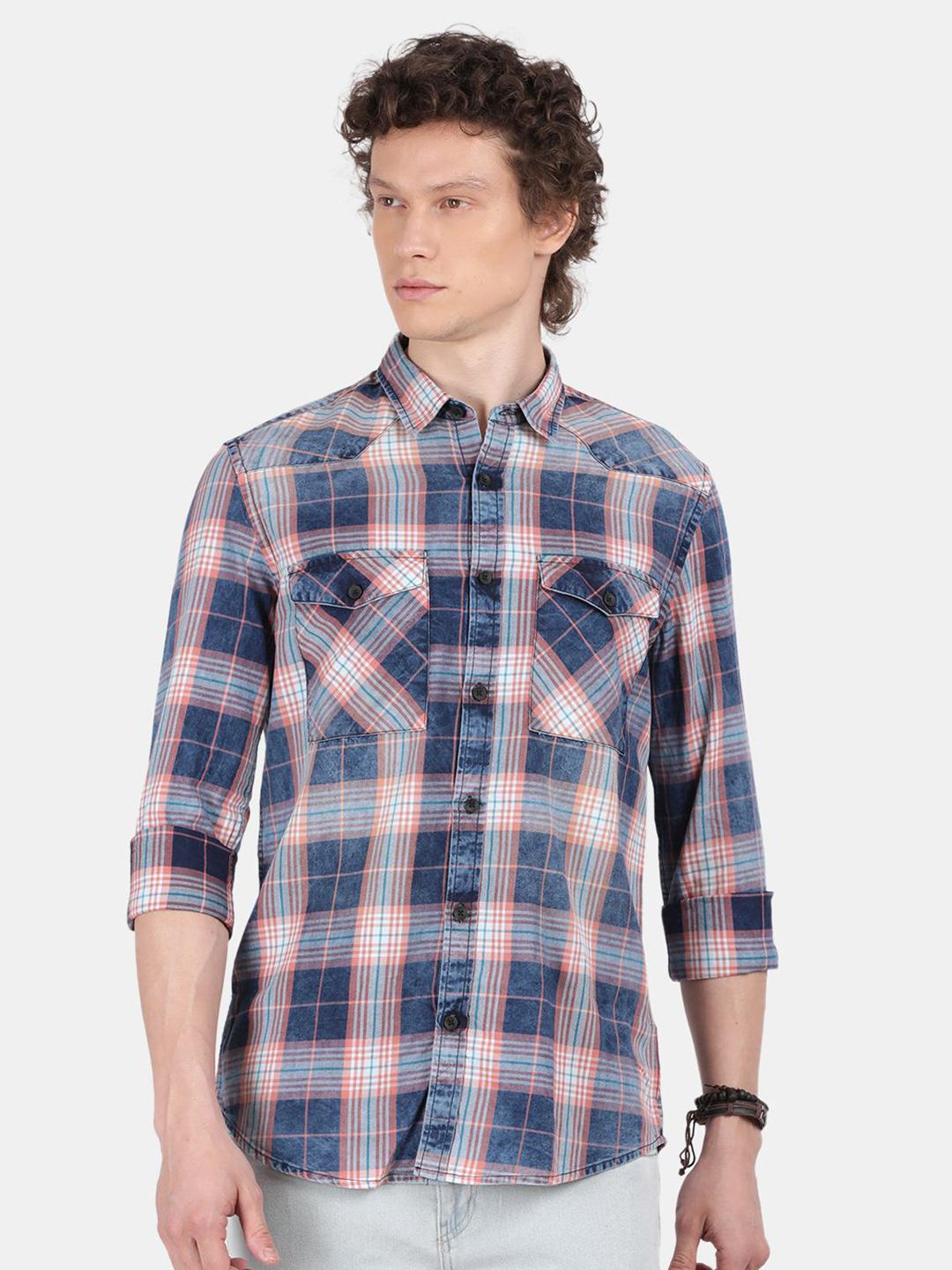 Buy Blu MNKY Smart Slim Fit Checked Spread Collar Shirt - Shirts for ...