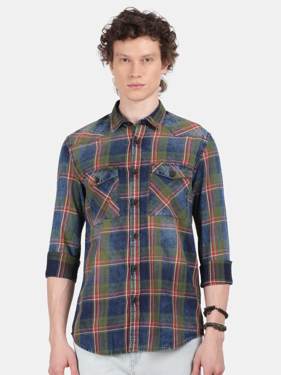 Buy Blu MNKY Men Smart Slim Fit Tartan Checked Spread Collar Cotton ...