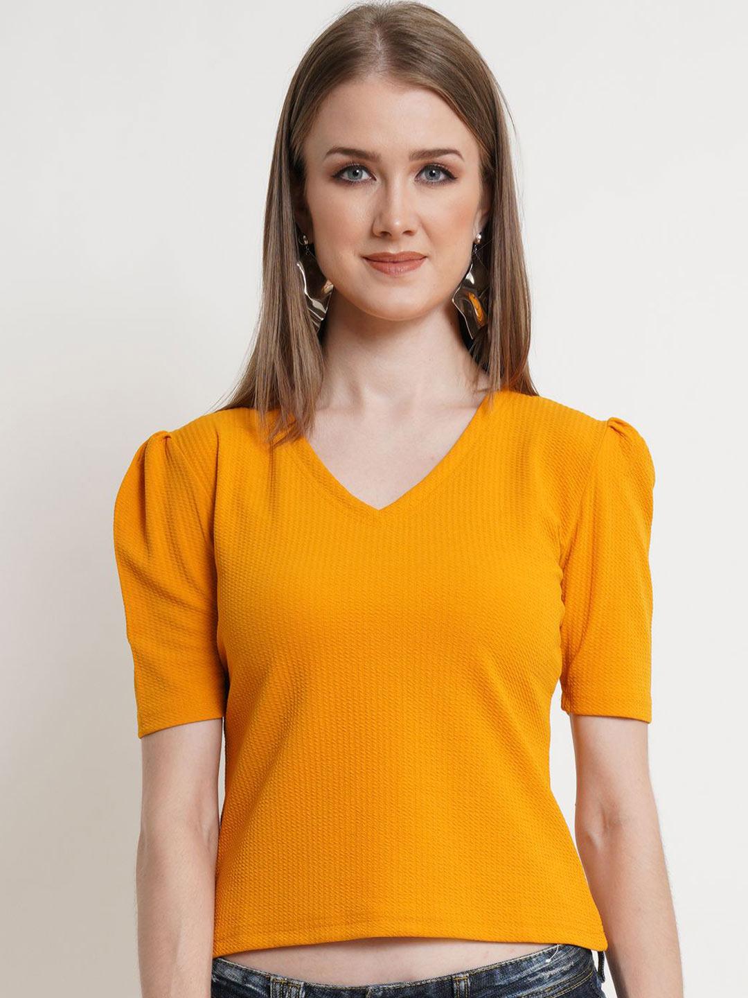 Buy Popwings Women Solid Self Design Puff Sleeve Regular Top - Tops for ...
