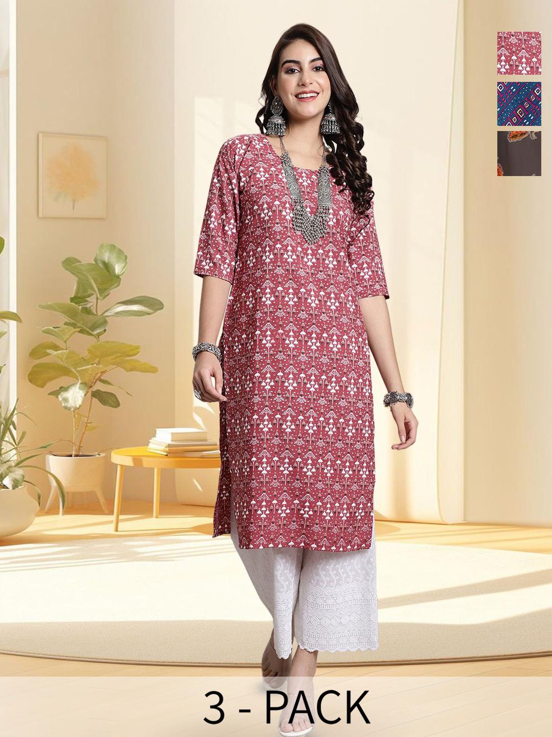 Buy HERE&NOW Women Pack Of 3 Ethnic Motifs Printed Daily Straight ...
