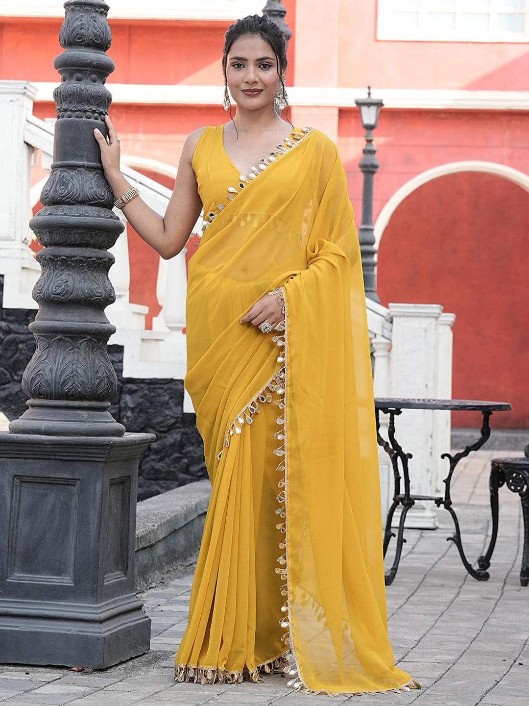 Buy FABMORA Mirror Work Pure Georgette Saree - Sarees for Women ...