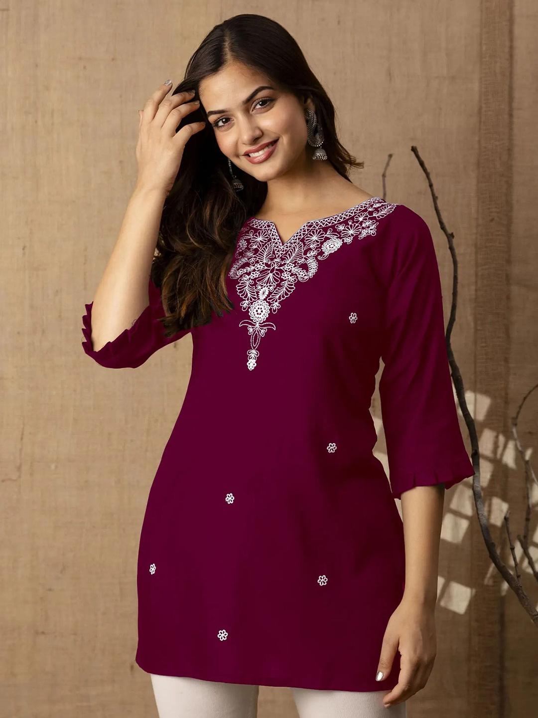 Buy Aura Glam Women Ethnic Motif Embroidered Thread Work Kurti - Kurtis ...