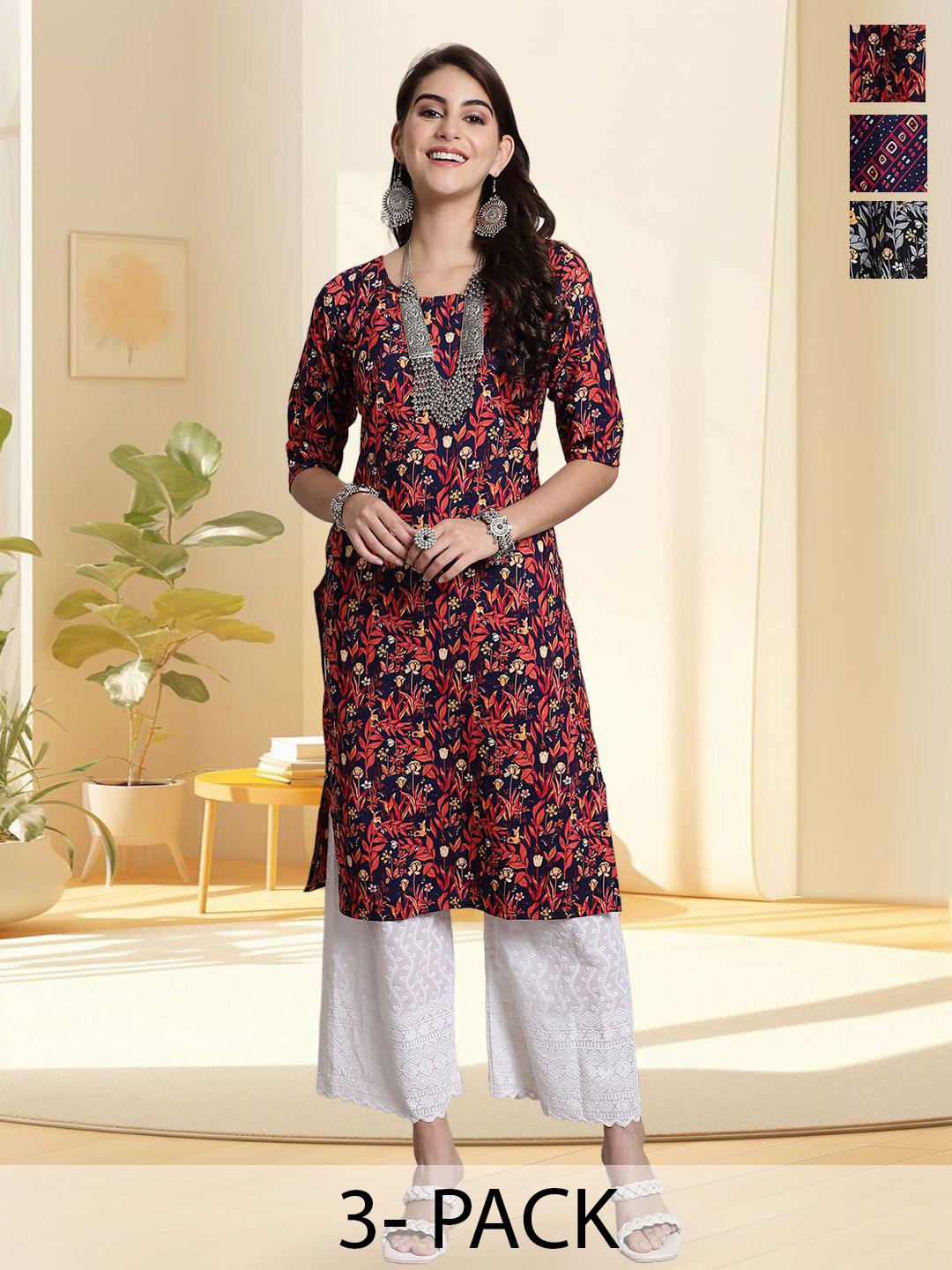 Buy HERE&NOW Women Pack Of 3 Ethnic Motifs Printed Daily Straight ...