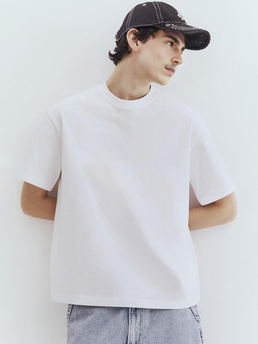 Buy WHITE HUSK Men Solid Round Neck Cotton Oversized T Shirt - Tshirts ...