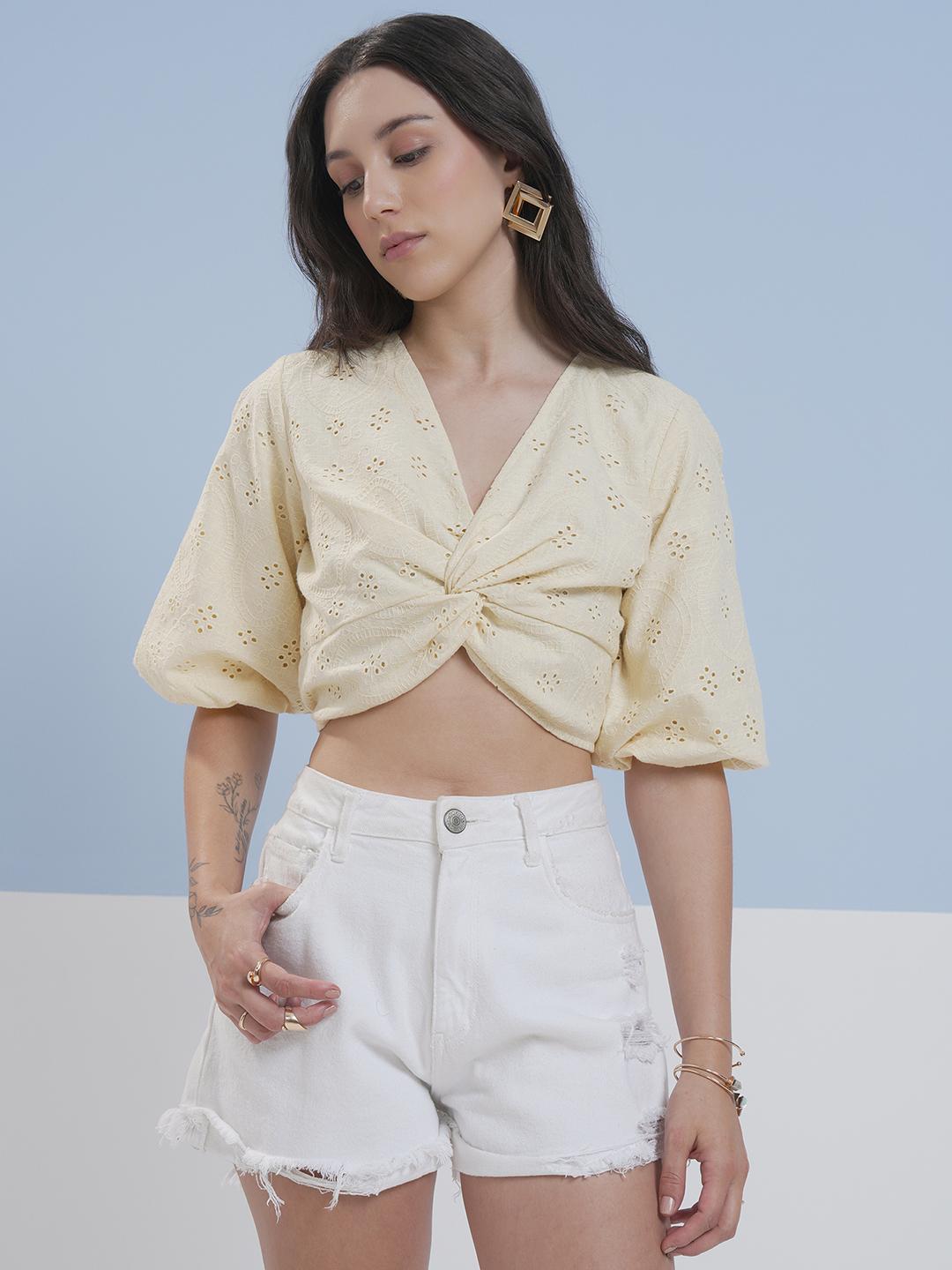 Buy Vara By Vishudh Pure Cotton Schiffli Twist & Knot Top - Tops for ...