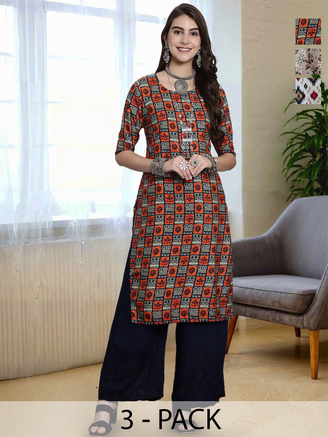 Buy HERE&NOW Women Pack Of 3 Ethnic Motifs Printed Daily Straight ...