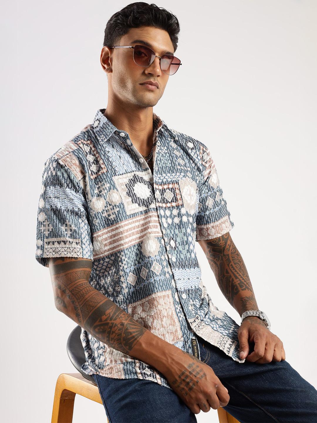 Buy BS BLUE SQUAD Geometric Printed Regular Fit Casual Shirt - Shirts ...