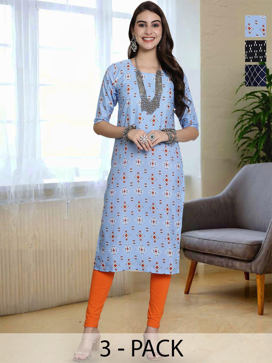 Buy HERE&NOW Women Pack Of 3 Ethnic Motifs Printed Daily Straight ...