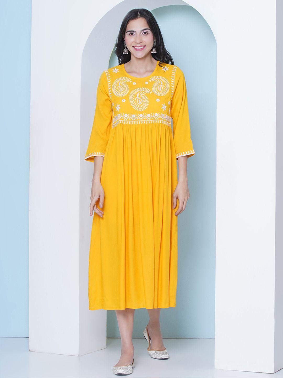 Buy LABEL KASHI Women Floral Embroidered Round Neck Cotton Fit & Flare ...