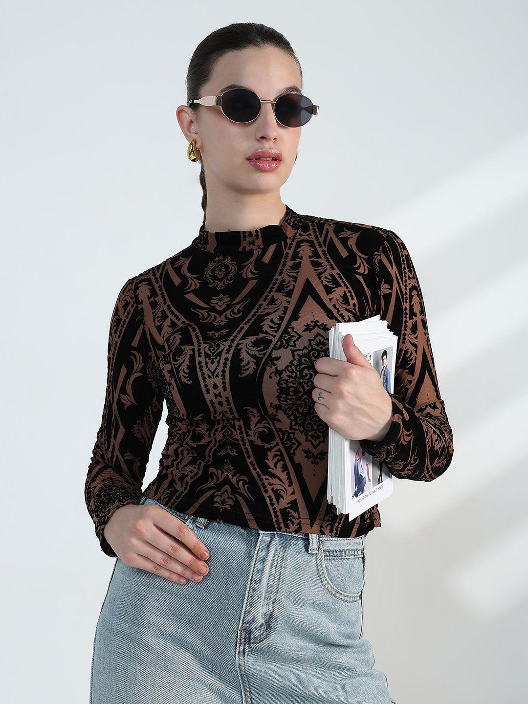 Buy SHOWOFF Women Floral Self Design Sheer Velvet Fitted Top - Tops for ...