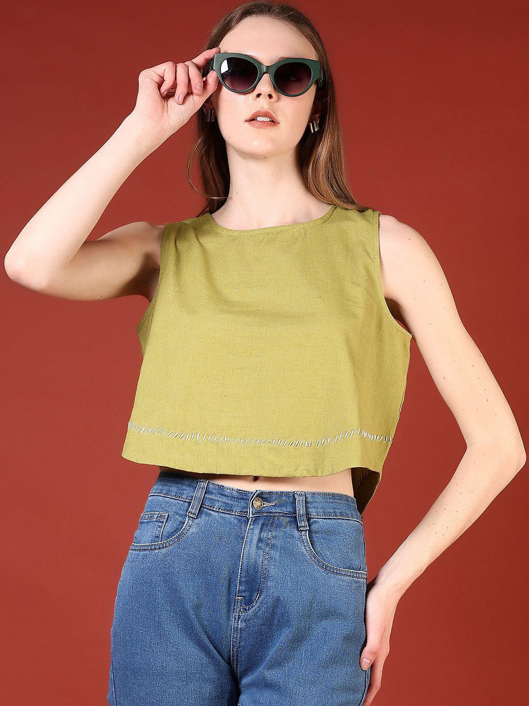 Buy LIMEROAD Women Ethnic Round Neck Sleeveless Cotton Boxy Crop Top ...