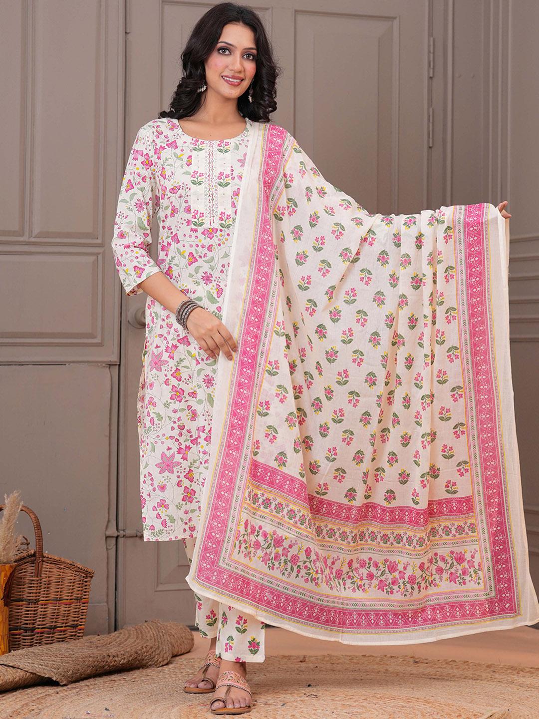 Buy Karaveera Women Floral Printed Pure Cotton Kurta With Trousers ...