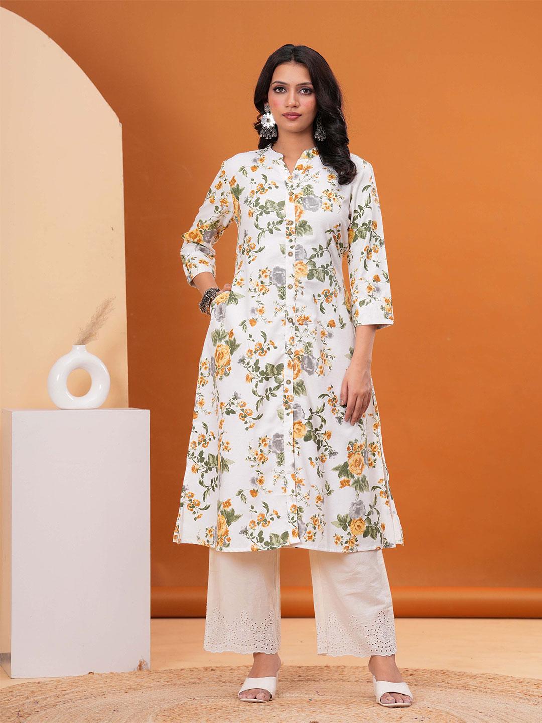 Buy Karaveera Floral Printed Mandarin Collar A Line Kurta - Kurtas for ...