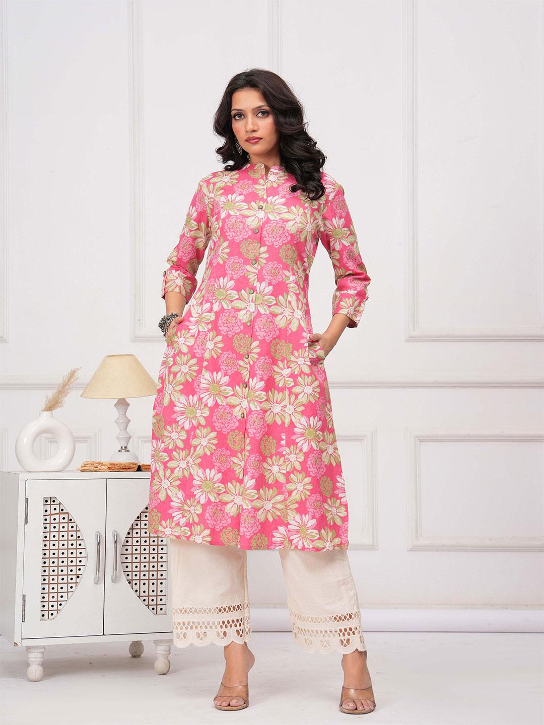 Buy Karaveera Women Floral Printed A Line Cotton Flax Kurta Set - Kurta ...