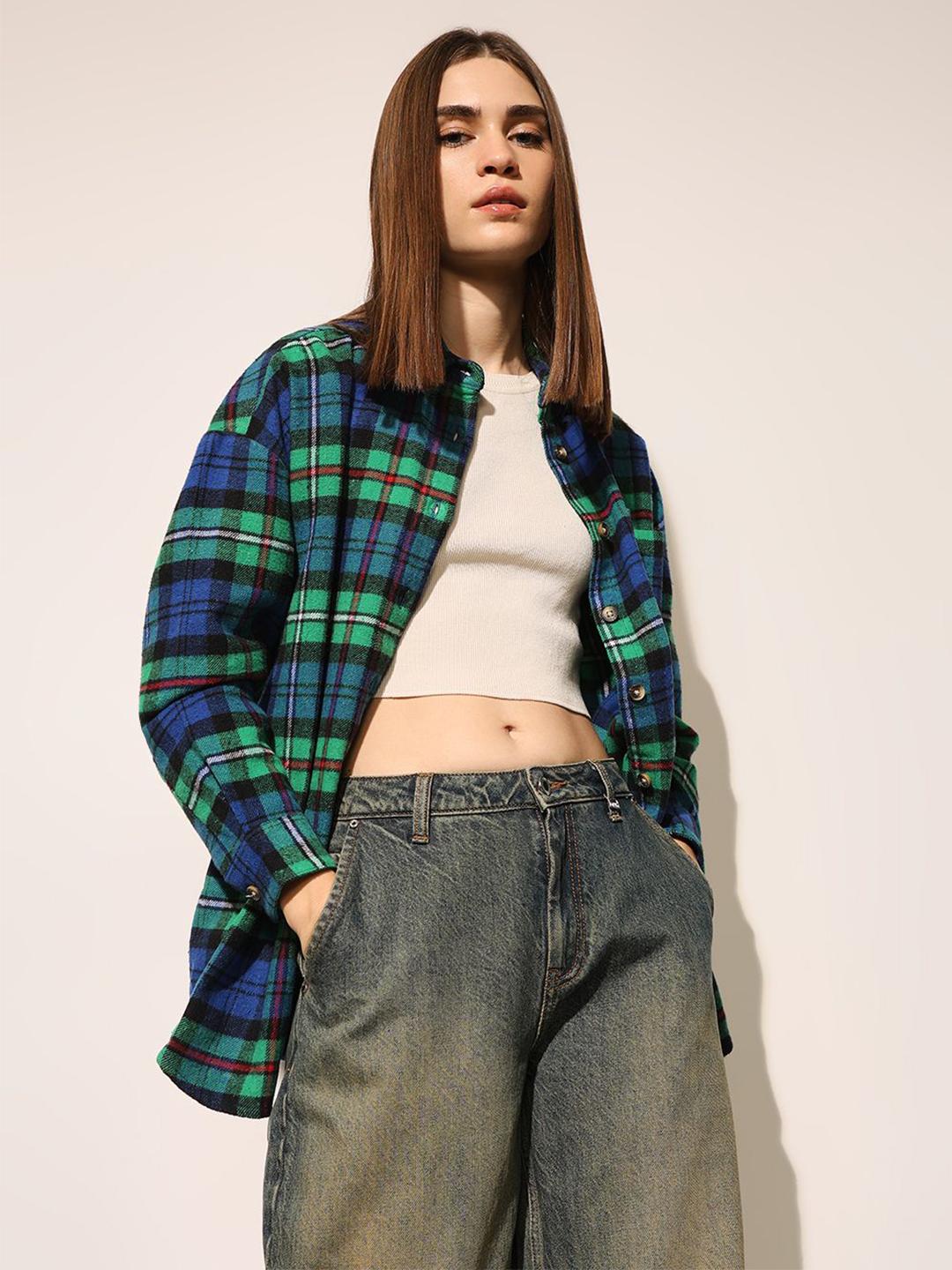 Buy ONLY Tartan Checks Checked Spread Collar Cotton Oversized Shirt ...