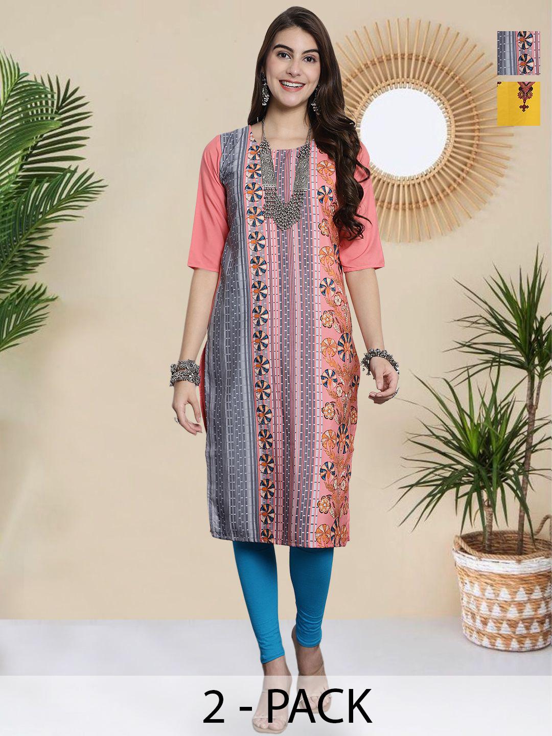 Buy HERE&NOW Women Pack Of 2 Printed Straight Kurtas - Kurtas for Women ...