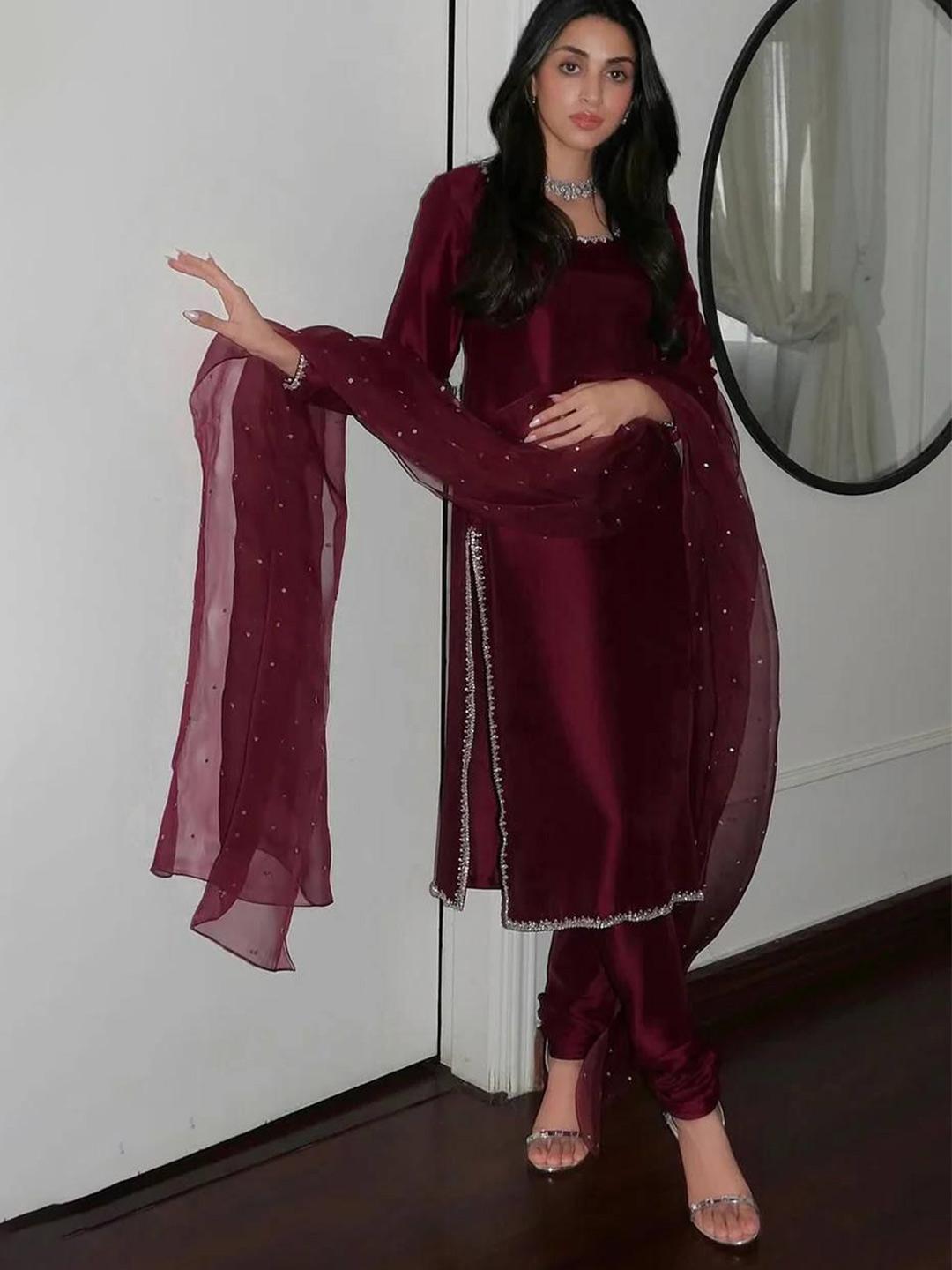 Buy PAYAL CREATION Women Embellished Round Neck Kurta With Trousers And Dupatta - Kurta Sets for ...