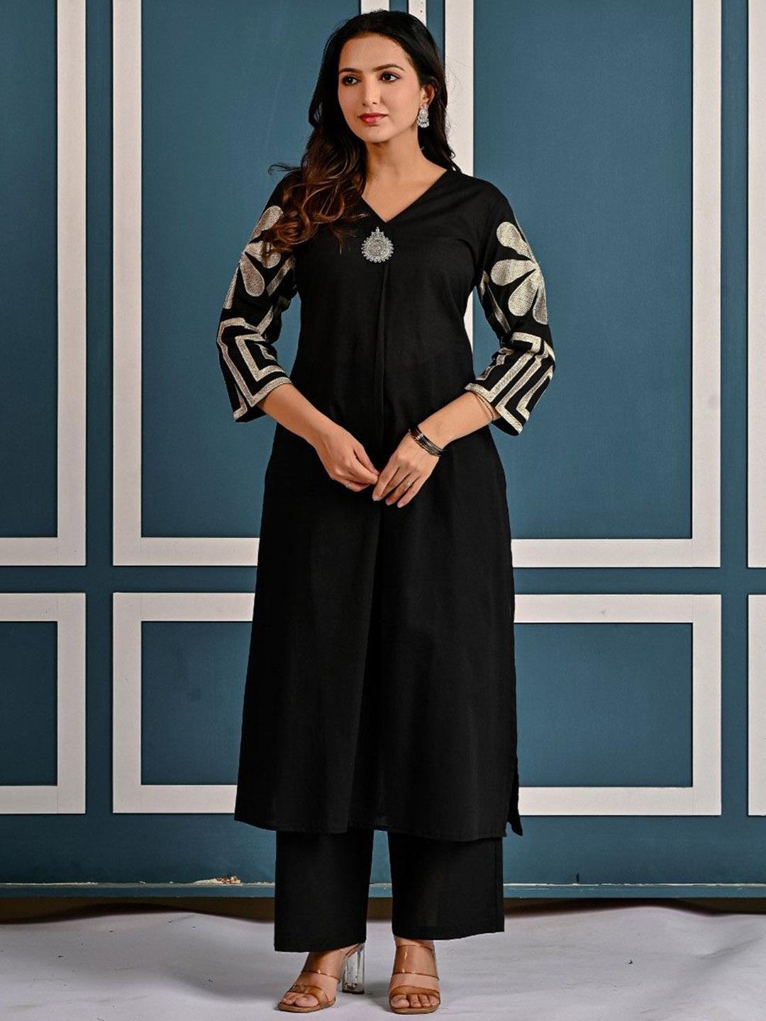 Buy AUTUMN LANE Women Floral Embroidered Cotton Kurta With Palazzo ...