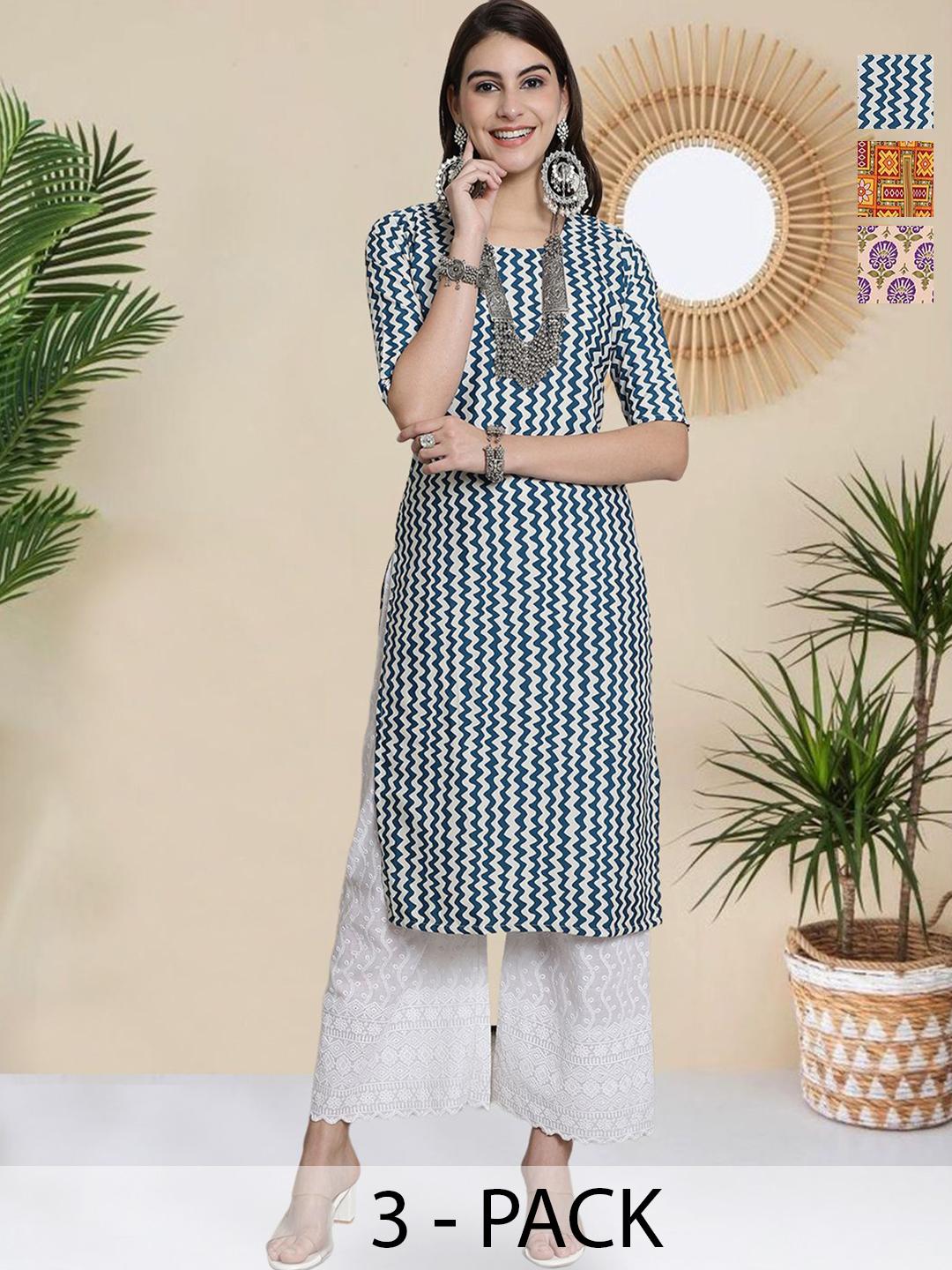 Buy HERE&NOW Women Pack Of 3 Ethnic Motifs Printed Straight Kurtas ...