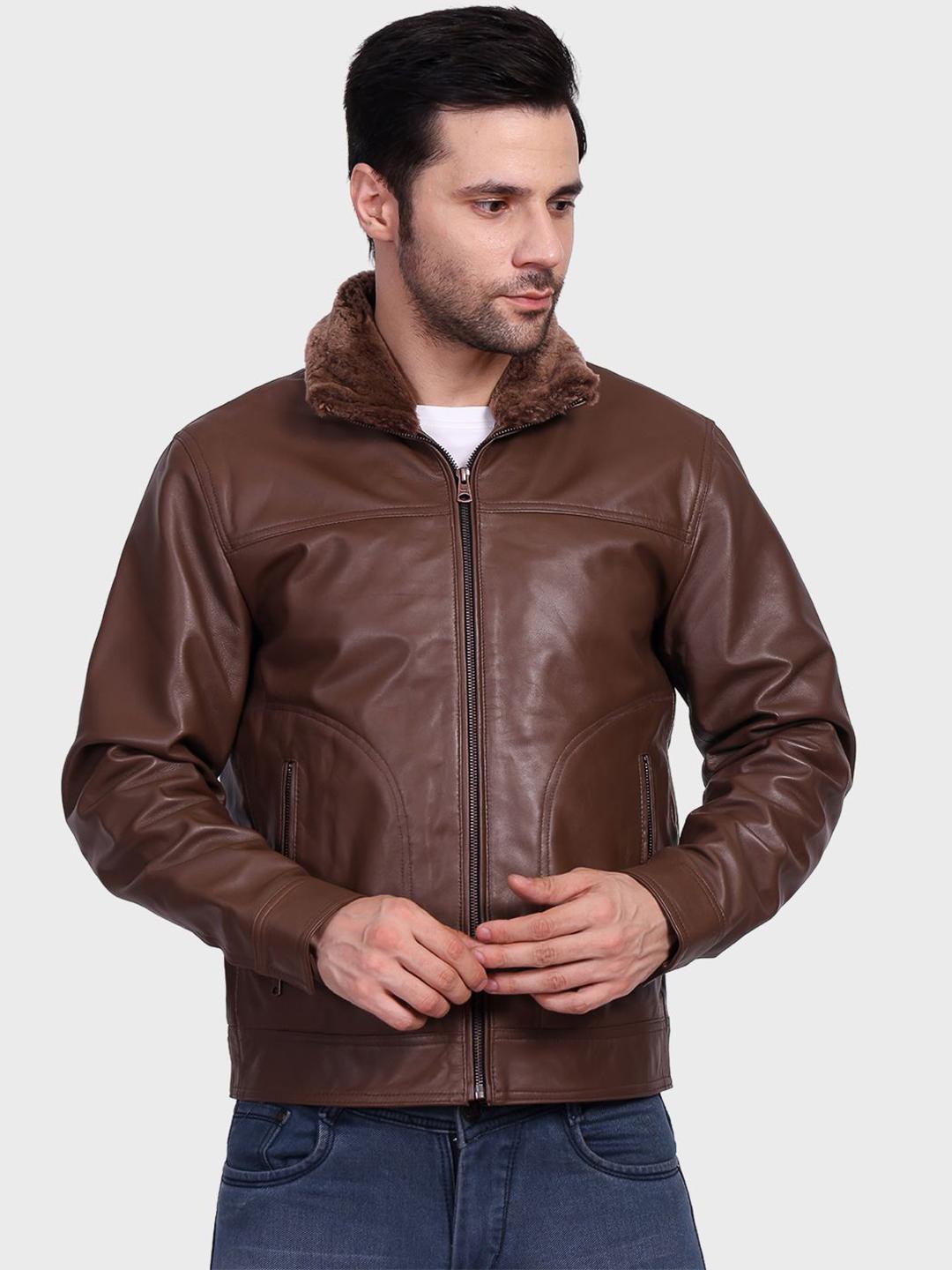 Buy Justanned Alpine Aviator Fur Collar Solid Leather Jacket - Jackets ...