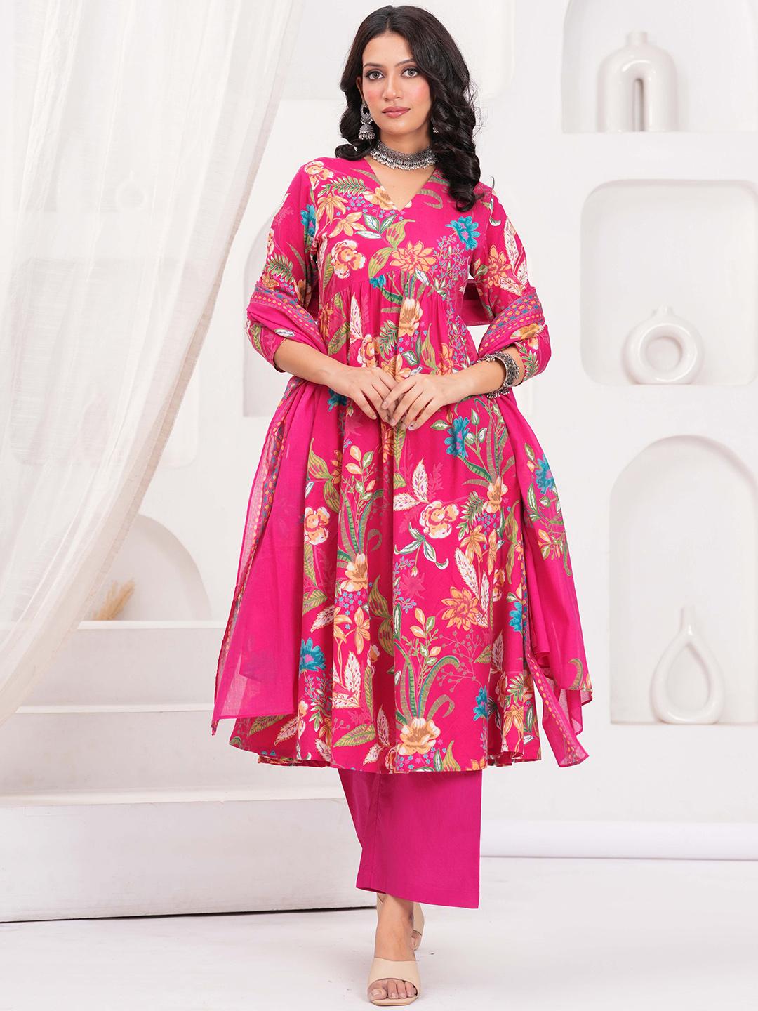 Buy Karaveera Women Floral Printed Cotton Kurta With Palazzo & Dupatta ...
