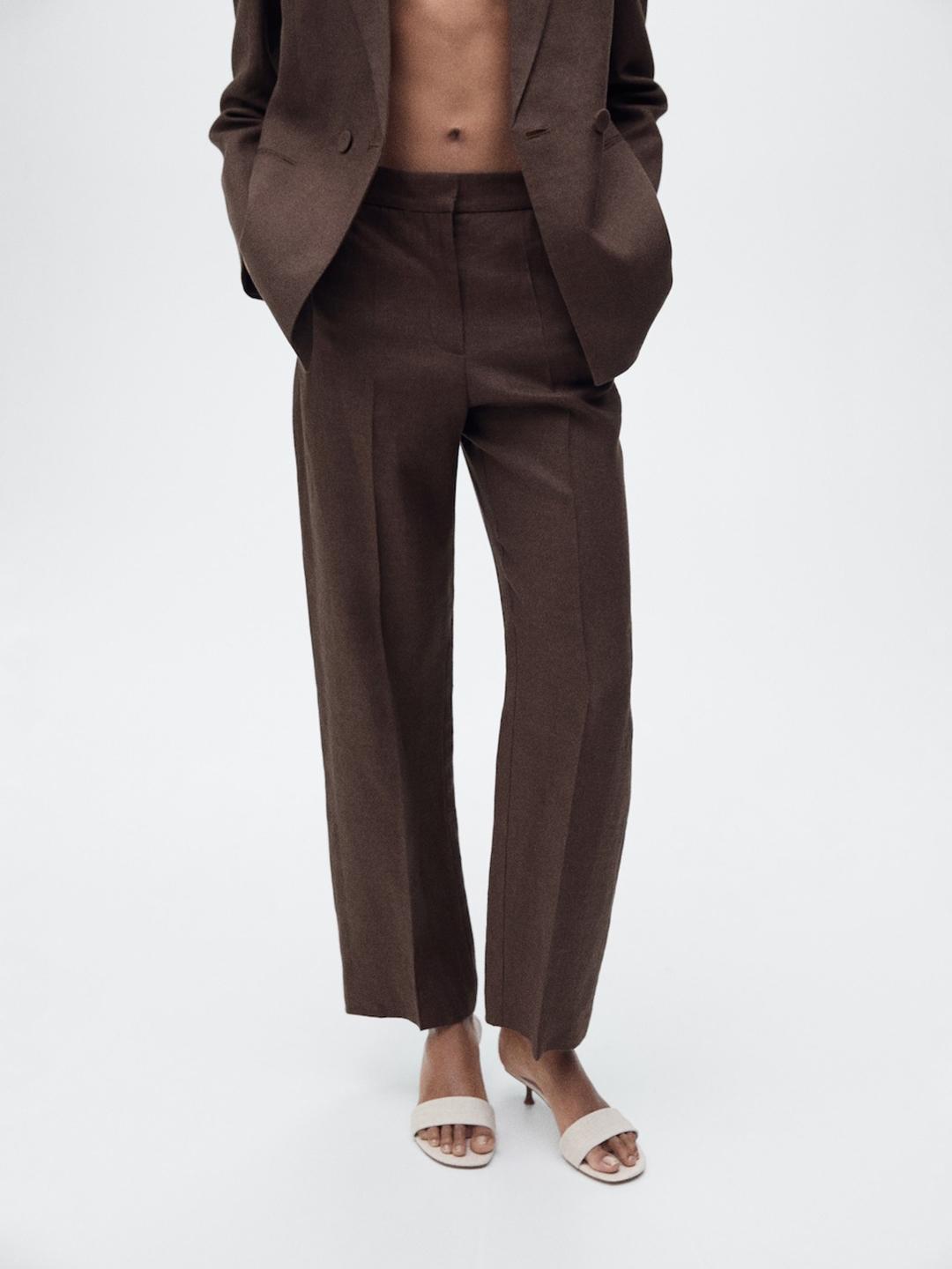 Buy MANGO Women Straight Fit Pure Linen Formal Trousers - Trousers for ...