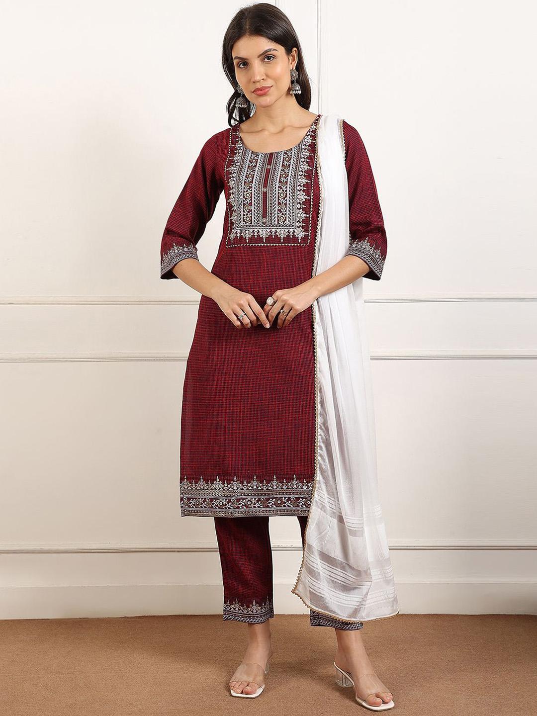 Buy DUMMY SHAPE Women Floral Embroidered Panelled Kurta With Trousers ...