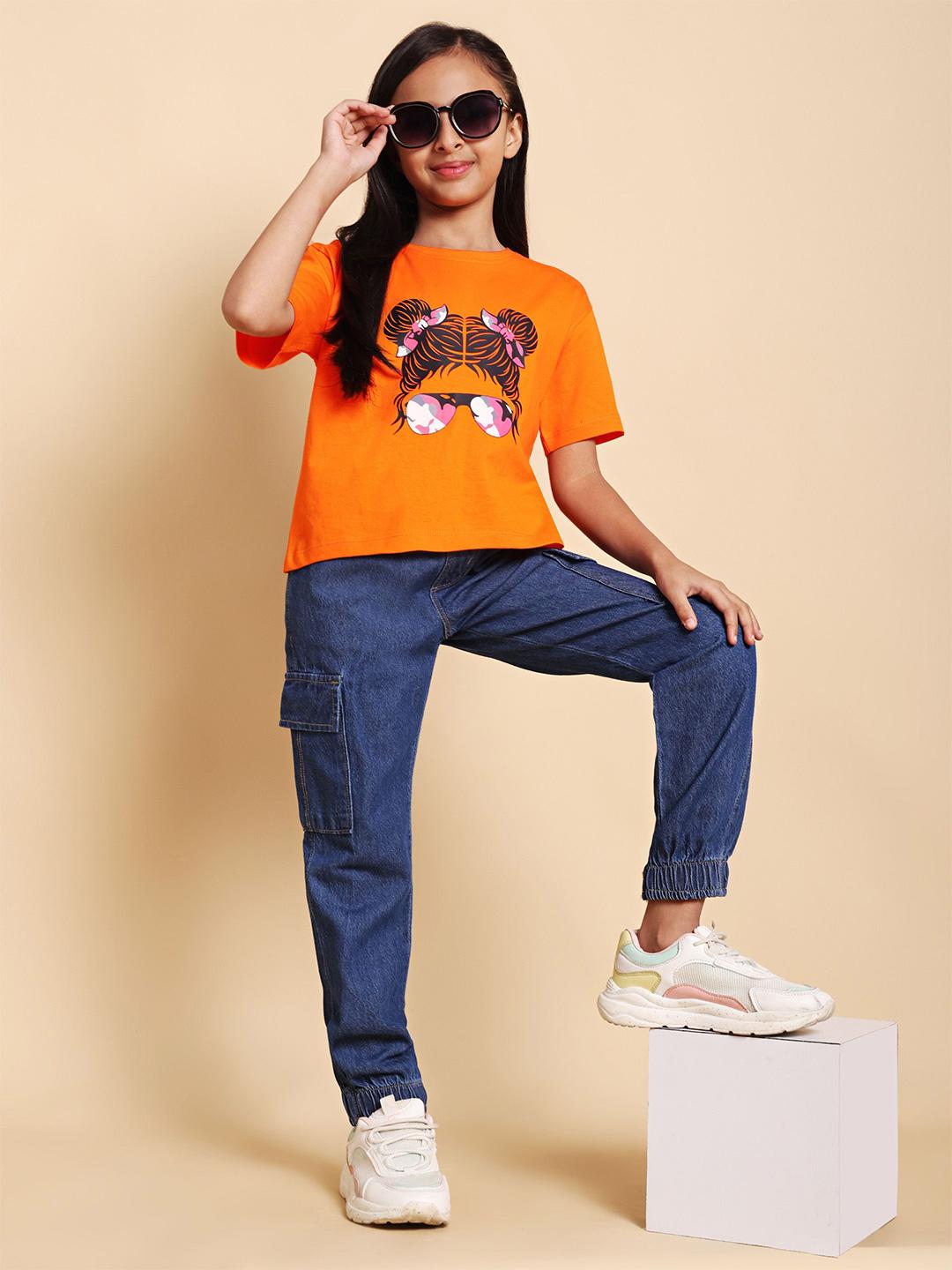 Buy YK Girls Printed Round Neck Pure Cotton T Shirt With Jogger ...