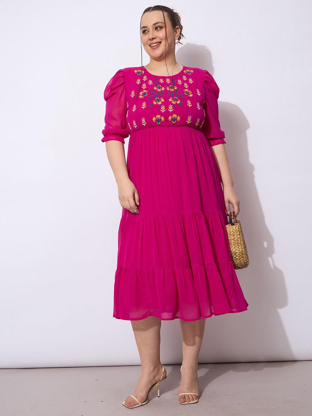 Buy SASSAFRAS Curve Womn Floral Embroidered Puff Sleeve Fit And Flare ...