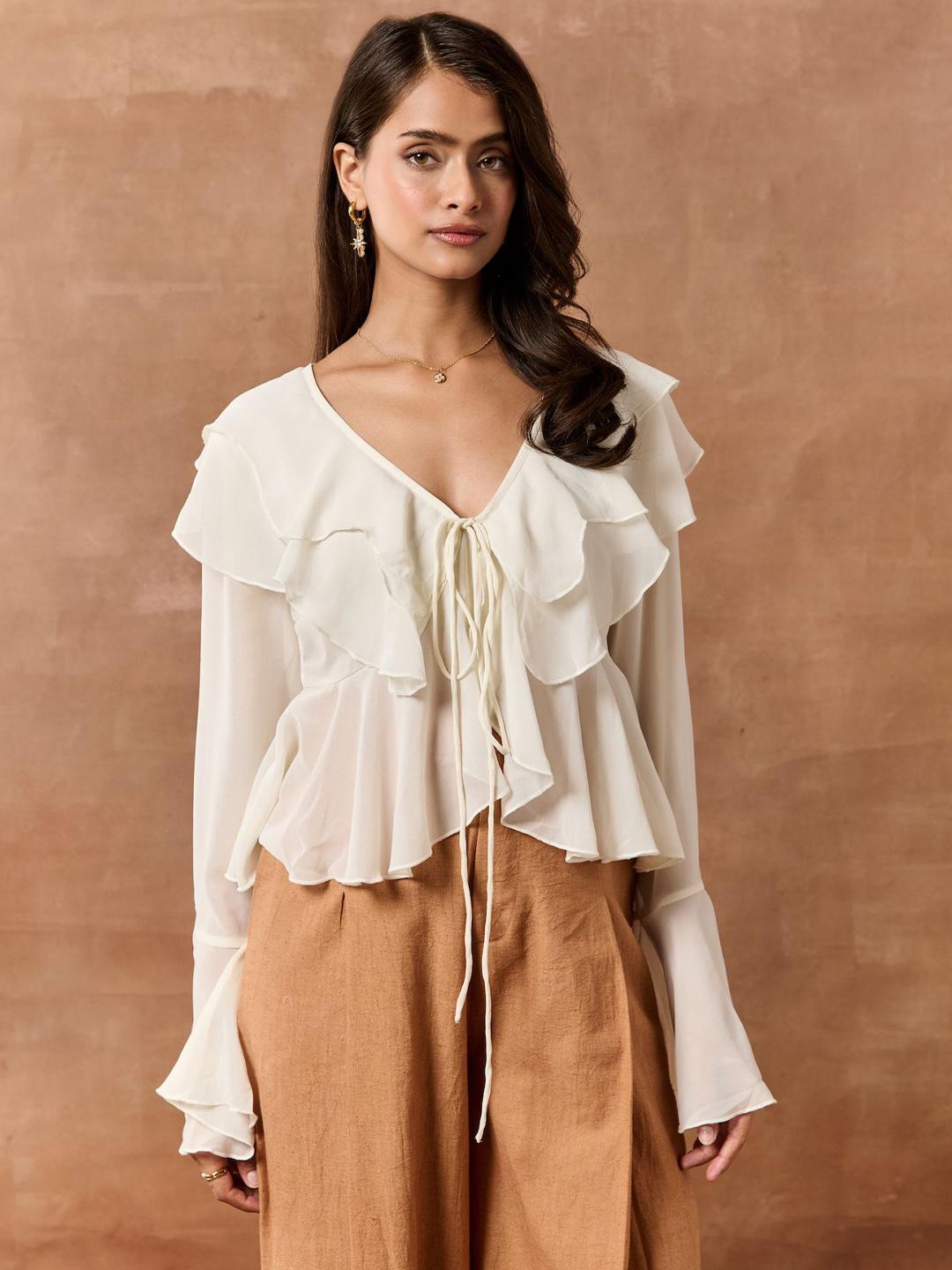 Buy Lea Clothing Co. Bell Sleeves Ruffles Georgette Top - Tops for ...