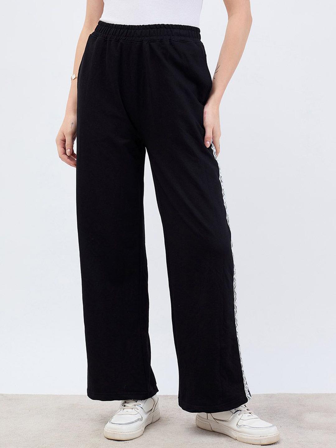 Buy Styli Women Pure Cotton Wide Leg Fit Casual Track Pant With Side ...