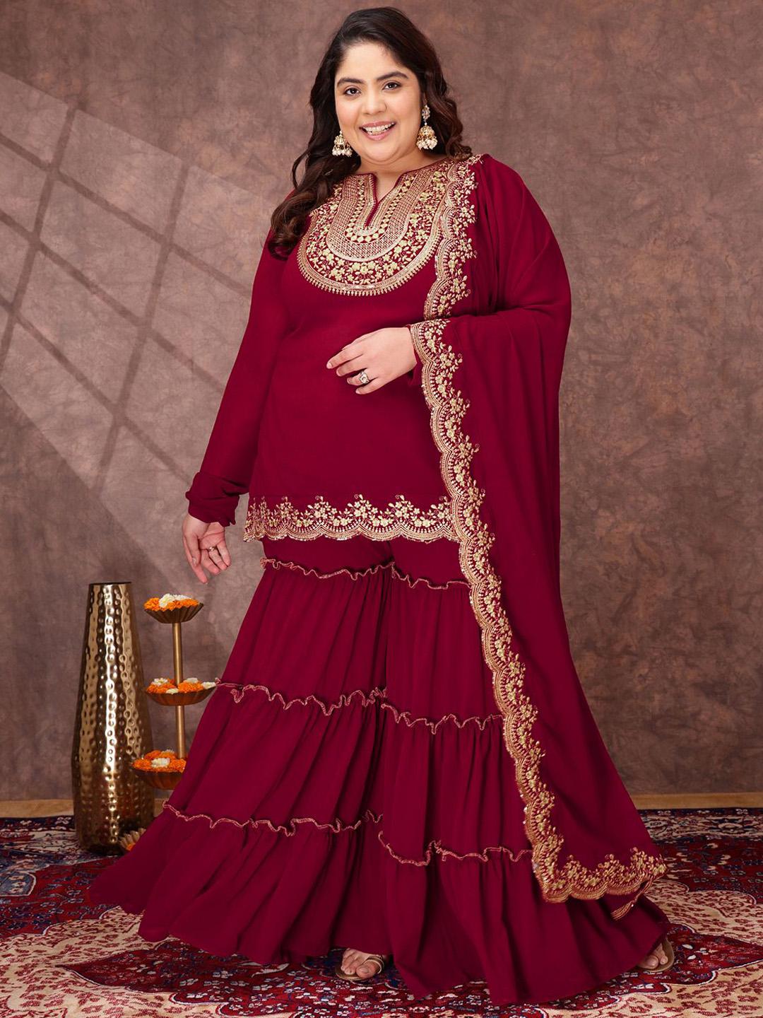 Buy INDDUS PLUS Floral Yoke Design Thread Work Georgette Straight Kurta ...