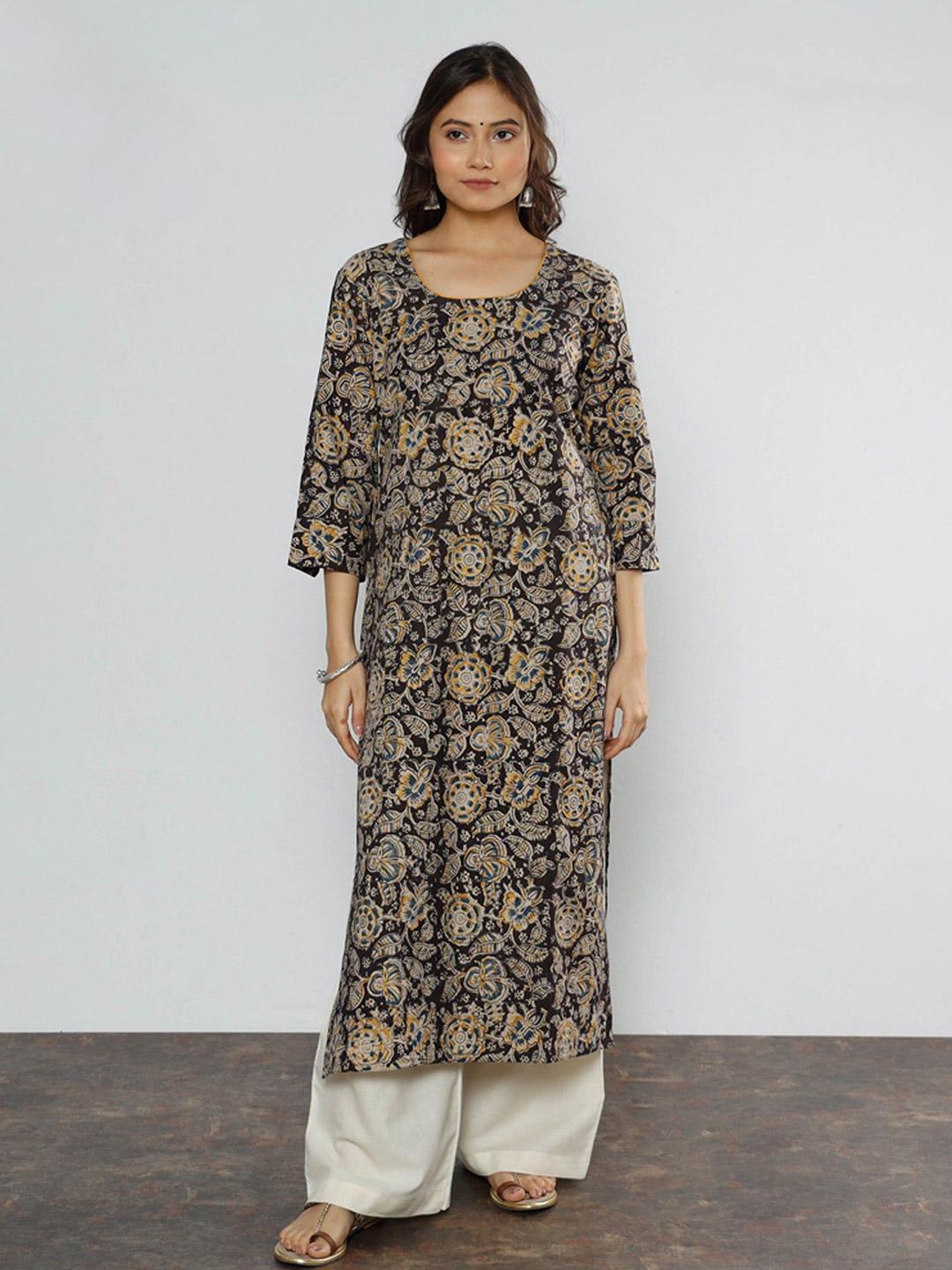 Buy ITokri Floral Block Printed Square Neck Cotton Straight Kurta ...