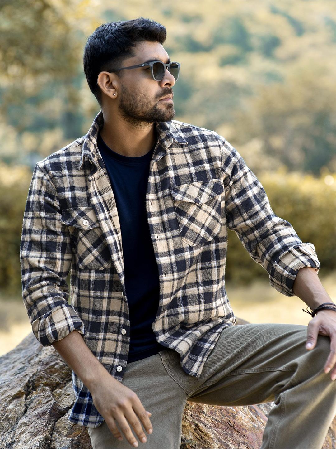 Buy Beyoung Men Checked Spread Collar Flannel Shackets - Shackets for ...