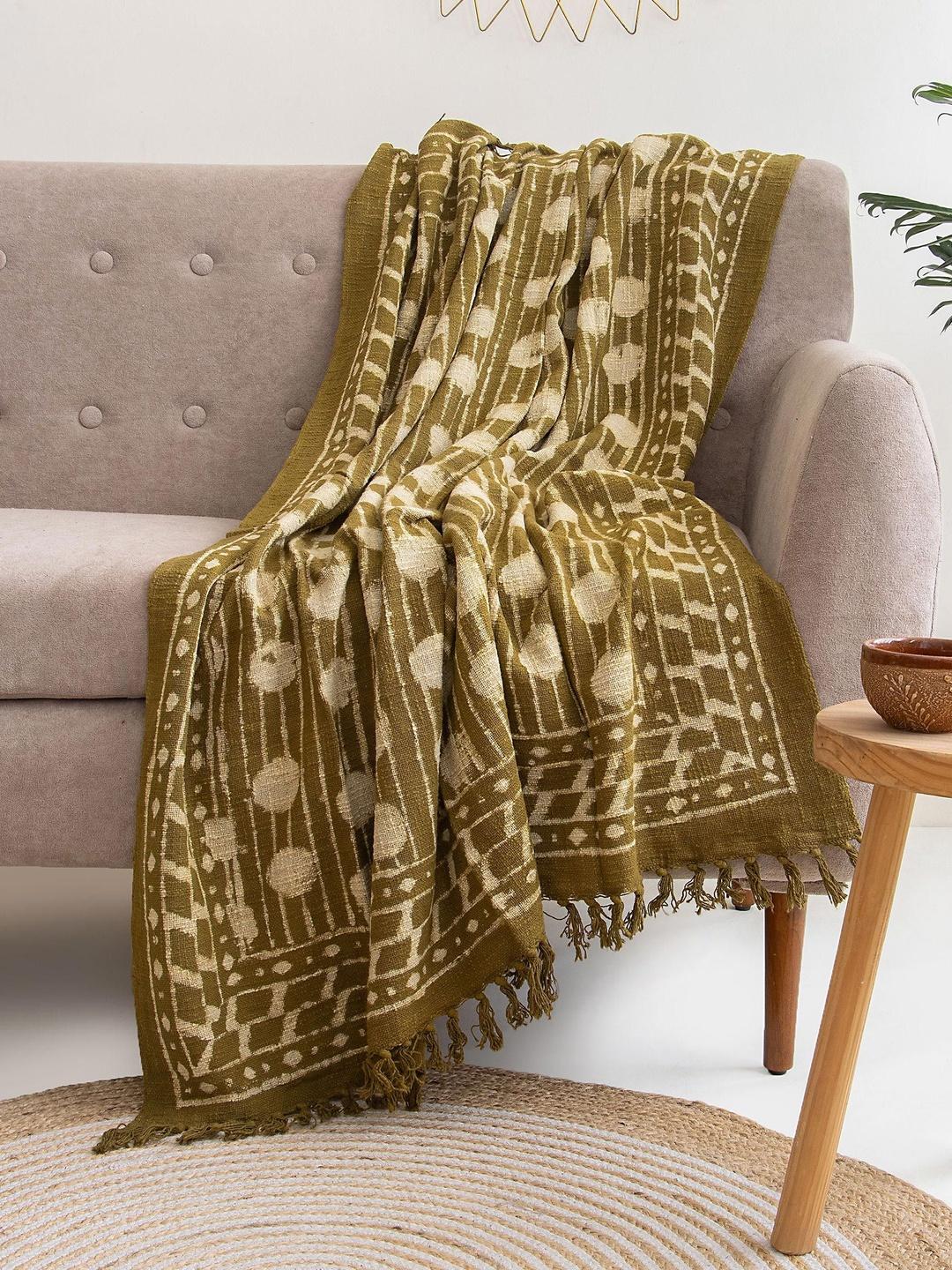 Buy DMAASA OLive Green Printed Pure Cotton Tasselled Throws - Throws ...